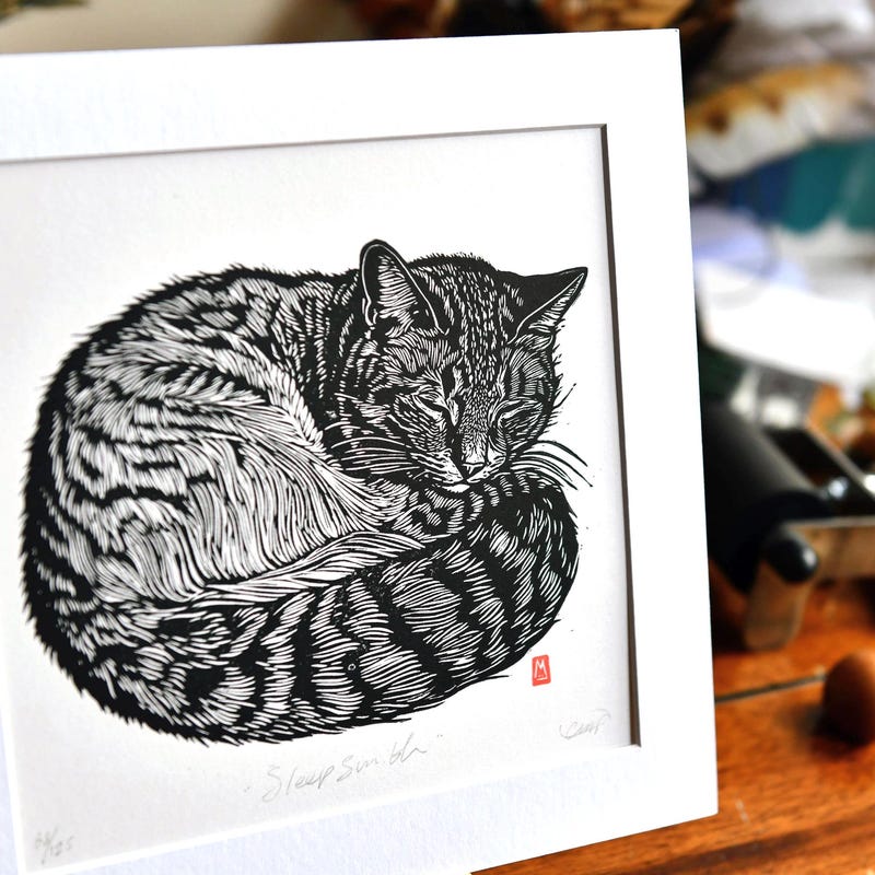 Cat Lino Print - Etsy UK