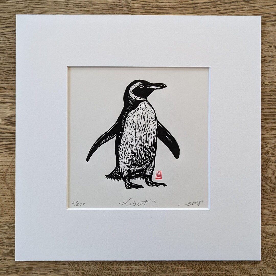 Lino Cut Print Emotional Support Penguin Scottish Art Bird Natural ...
