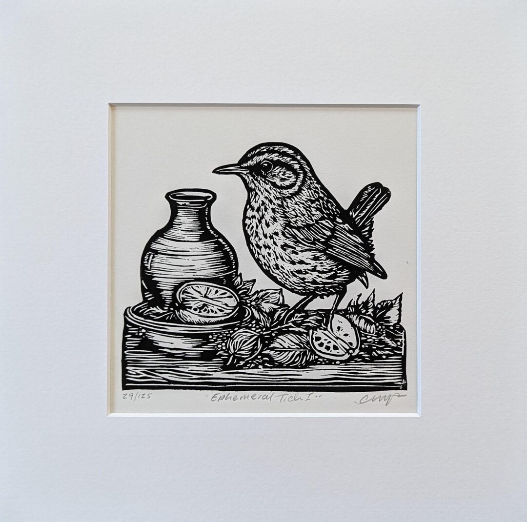 Lino Cut Print Still Life Wren Ephemeral Tick Scottish Art Bird - Etsy