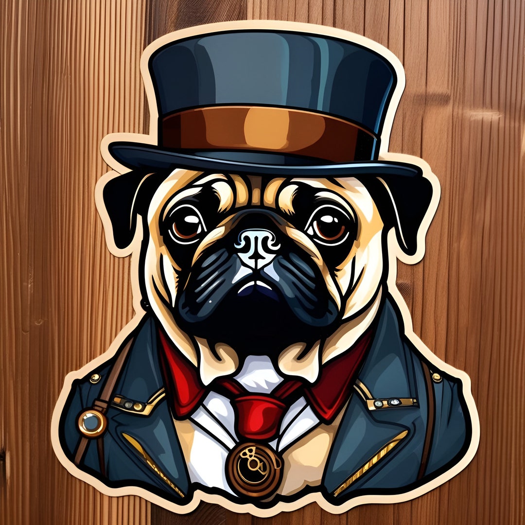 Steampunk Pug Sticker, Cute Pug Sticker, Steampunk Pug Funny Sticker ...