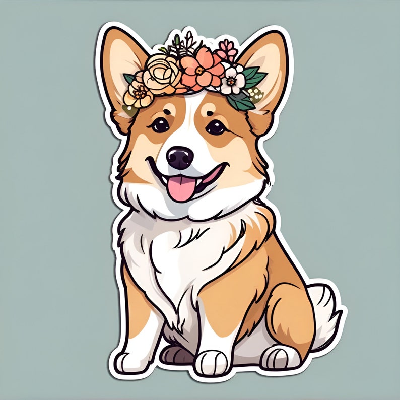 Adorable Corgi Sticker, Cute Floral Corgi Sticker, Corgi Funny Sticker ...