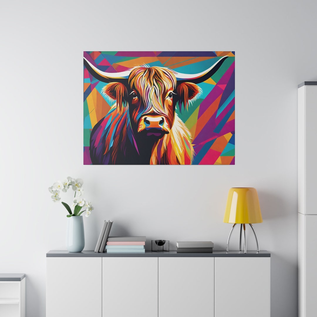 Highland Cattle Portrait Canvas, Highland Cattle Geometric Portrait ...