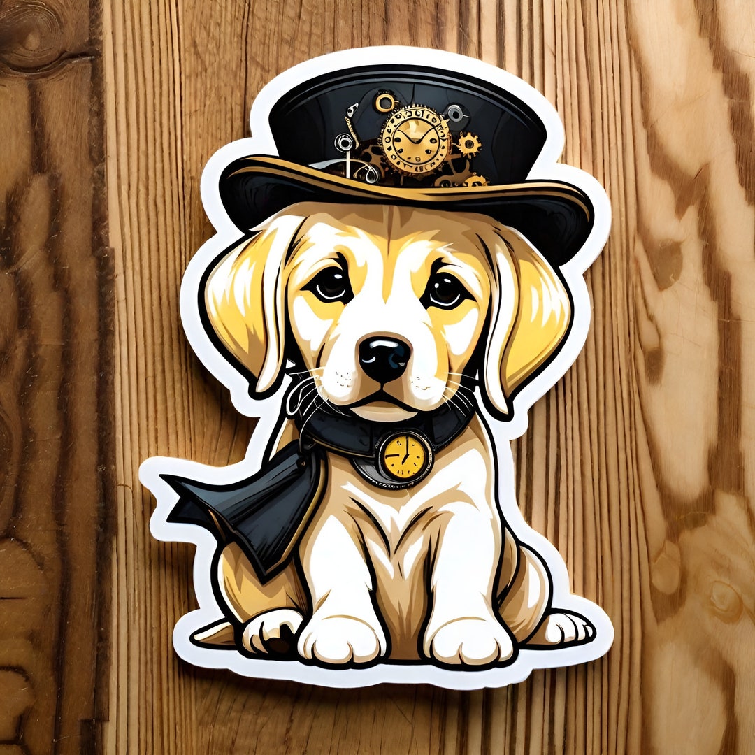 Steampunk Yellow Lab Puppy Sticker, Cute Yellow Lab Sticker, Steampunk ...