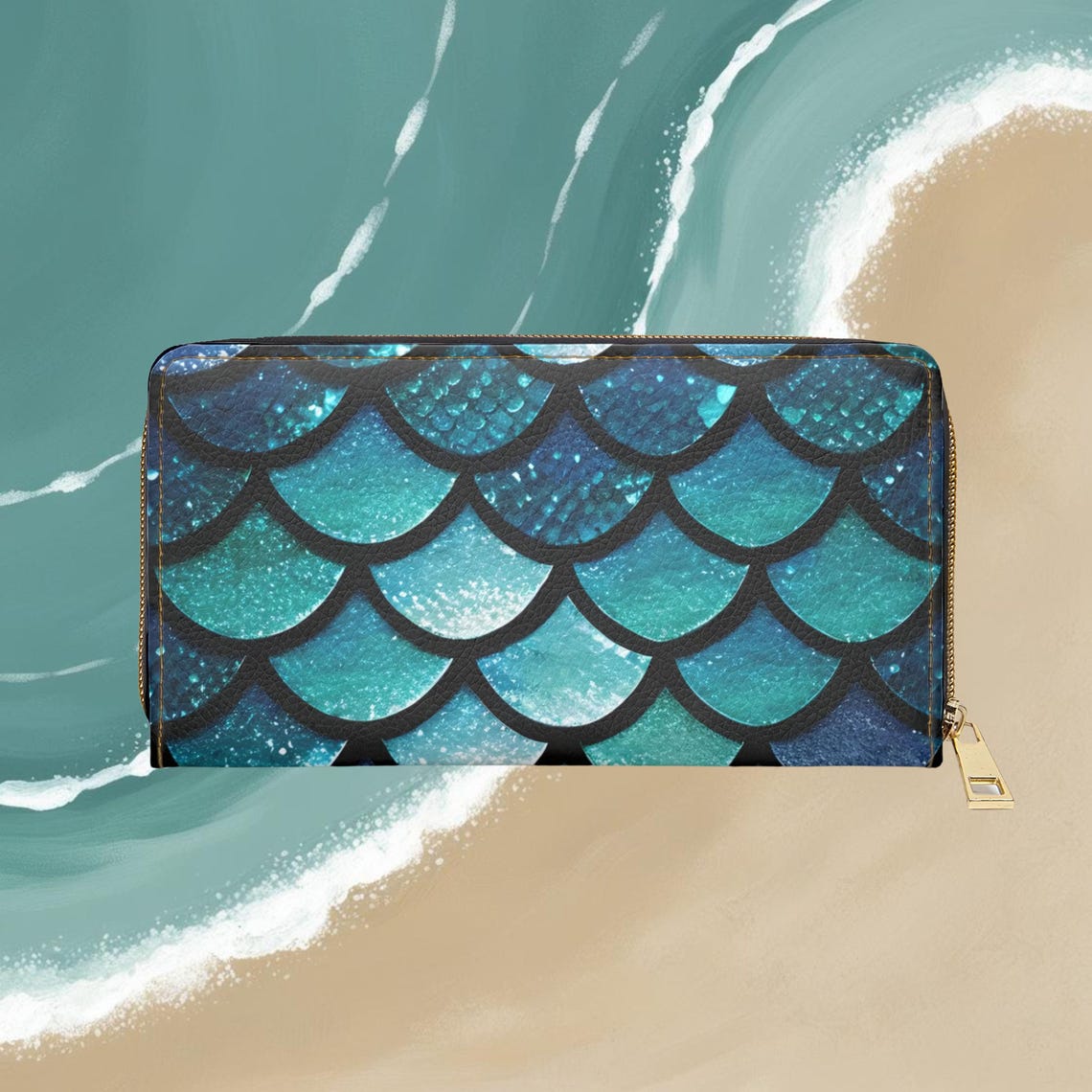 Mermaid Magic Zipper Wallet, Trendy Ocean Blue Mermaid Scales Print ...