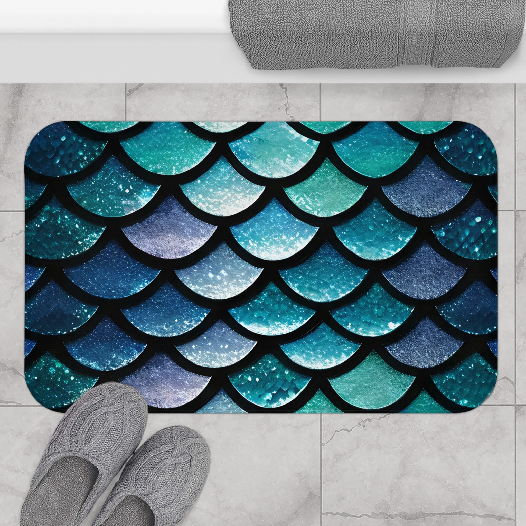 Blue Mermaid Bath Mat, Mermaid Bathroom Decor, Bathroom Mats, Blue ...