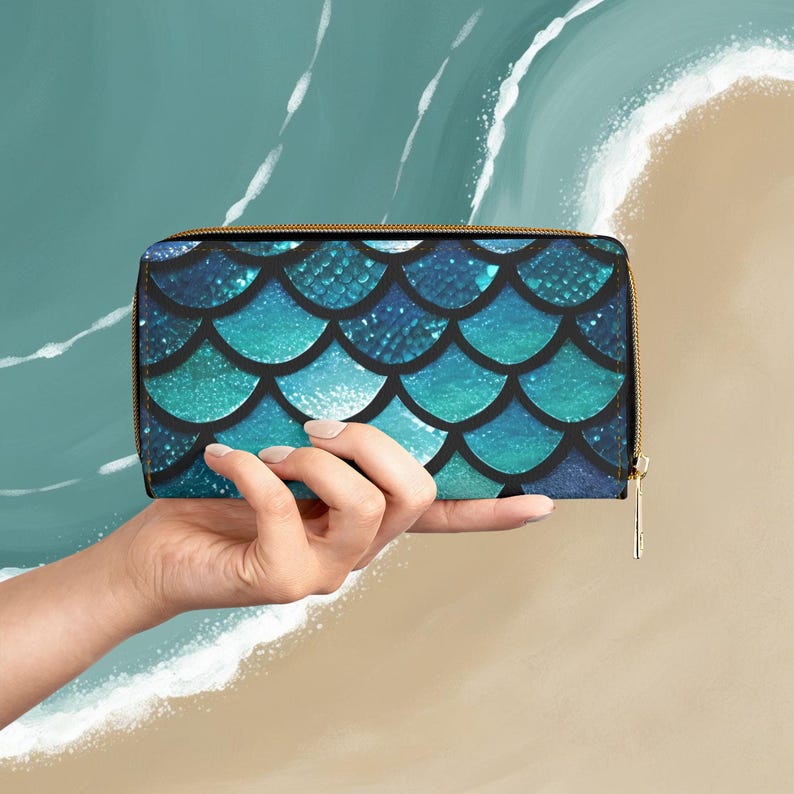 Mermaid Magic Zipper Wallet, Trendy Ocean Blue Mermaid Scales Print ...