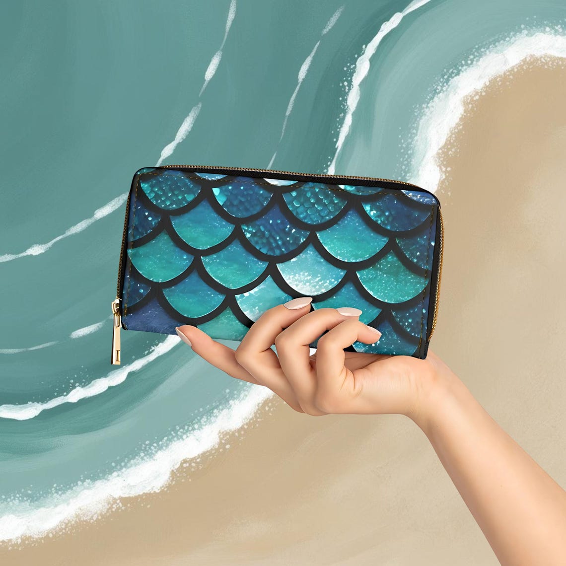 Mermaid Magic Zipper Wallet, Trendy Ocean Blue Mermaid Scales Print ...