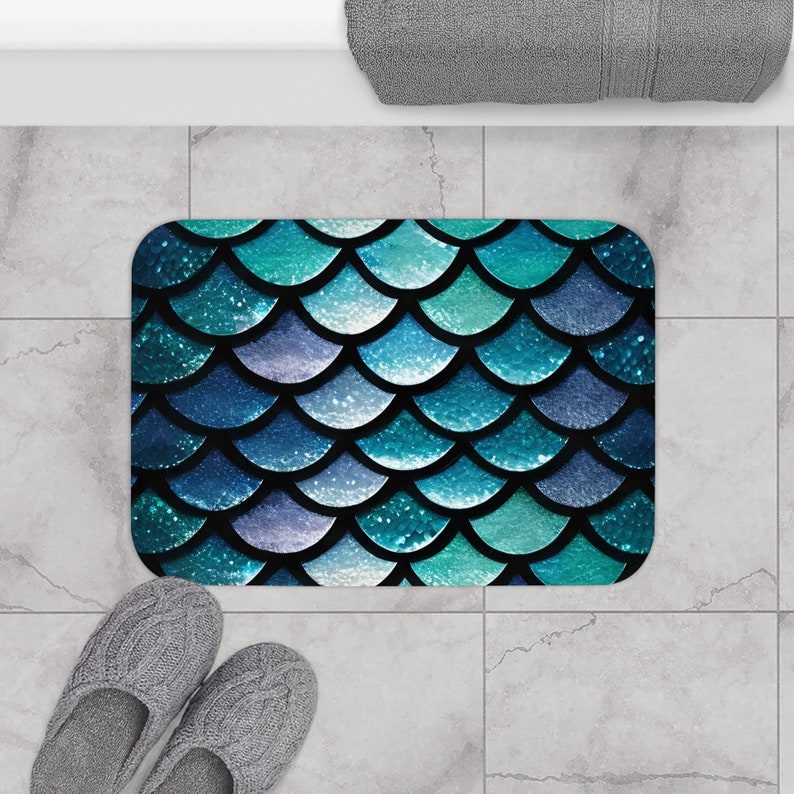 Blue Mermaid Bath Mat, Mermaid Bathroom Decor, Bathroom Mats, Blue ...