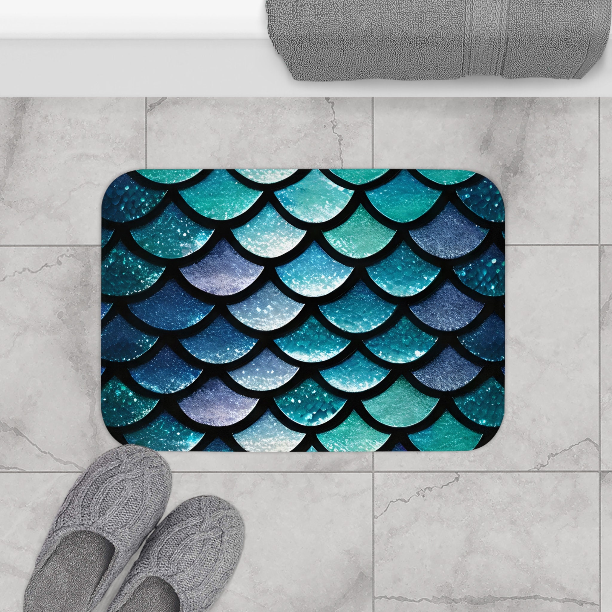 Blue Mermaid Bath Mat, Mermaid Bathroom Decor, Bathroom Mats, Blue ...
