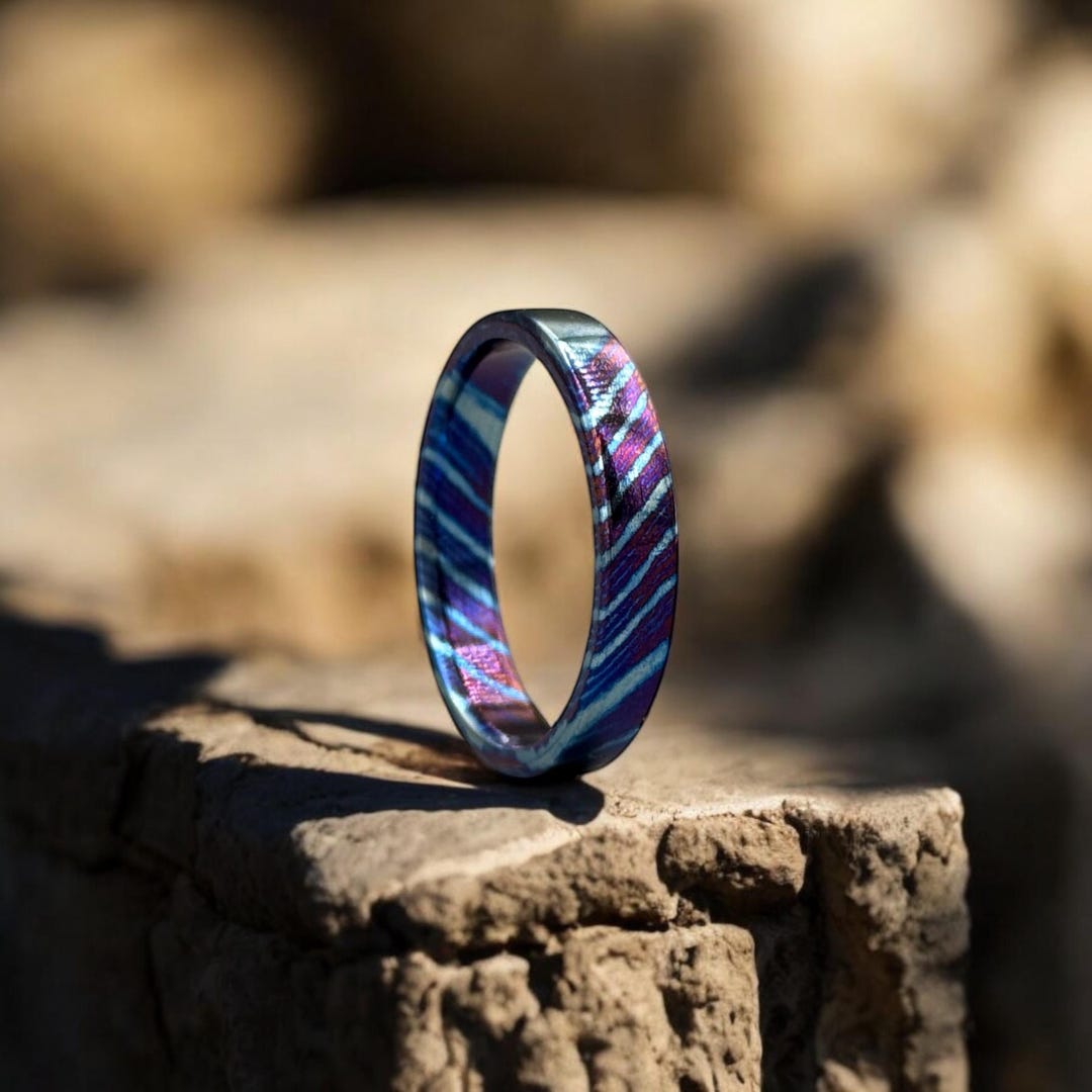 Timascus Ring for Men, Colorful Titanium Wedding Band, Unique Rainbow ...