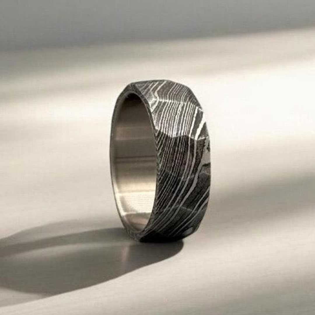 Rock Hammered Damascus Ring With Unique Minimalist Titanium Inlay ...