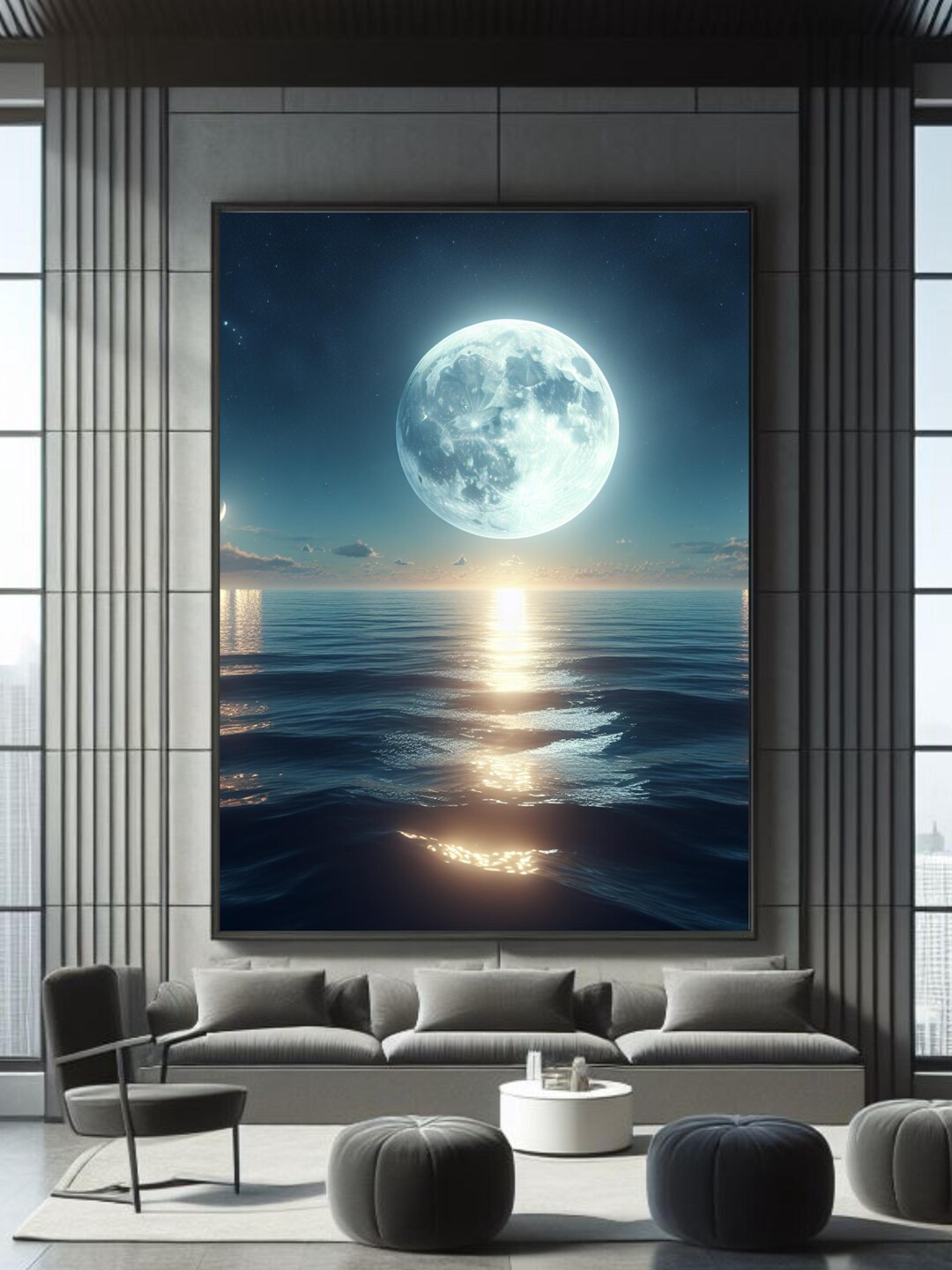 Full Moon Ocean Scene Print, Night Sky Seascape Poster, Coastal Wall ...