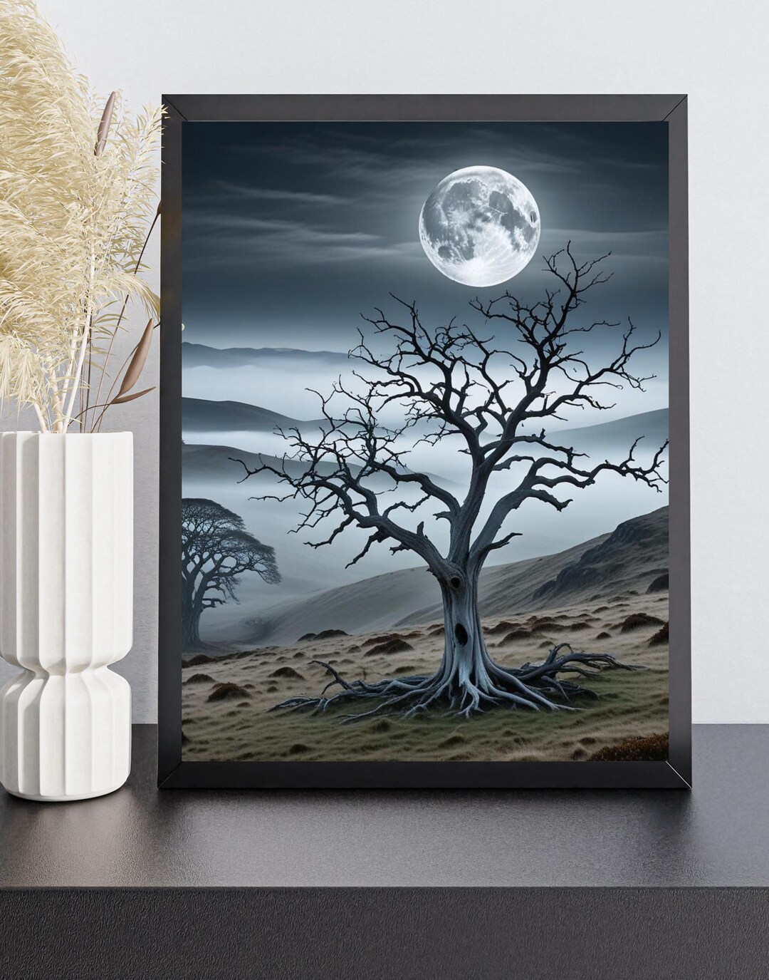 Dead Tree Moors Full Moon Picture, Foggy Moors Poster, Moonlite ...