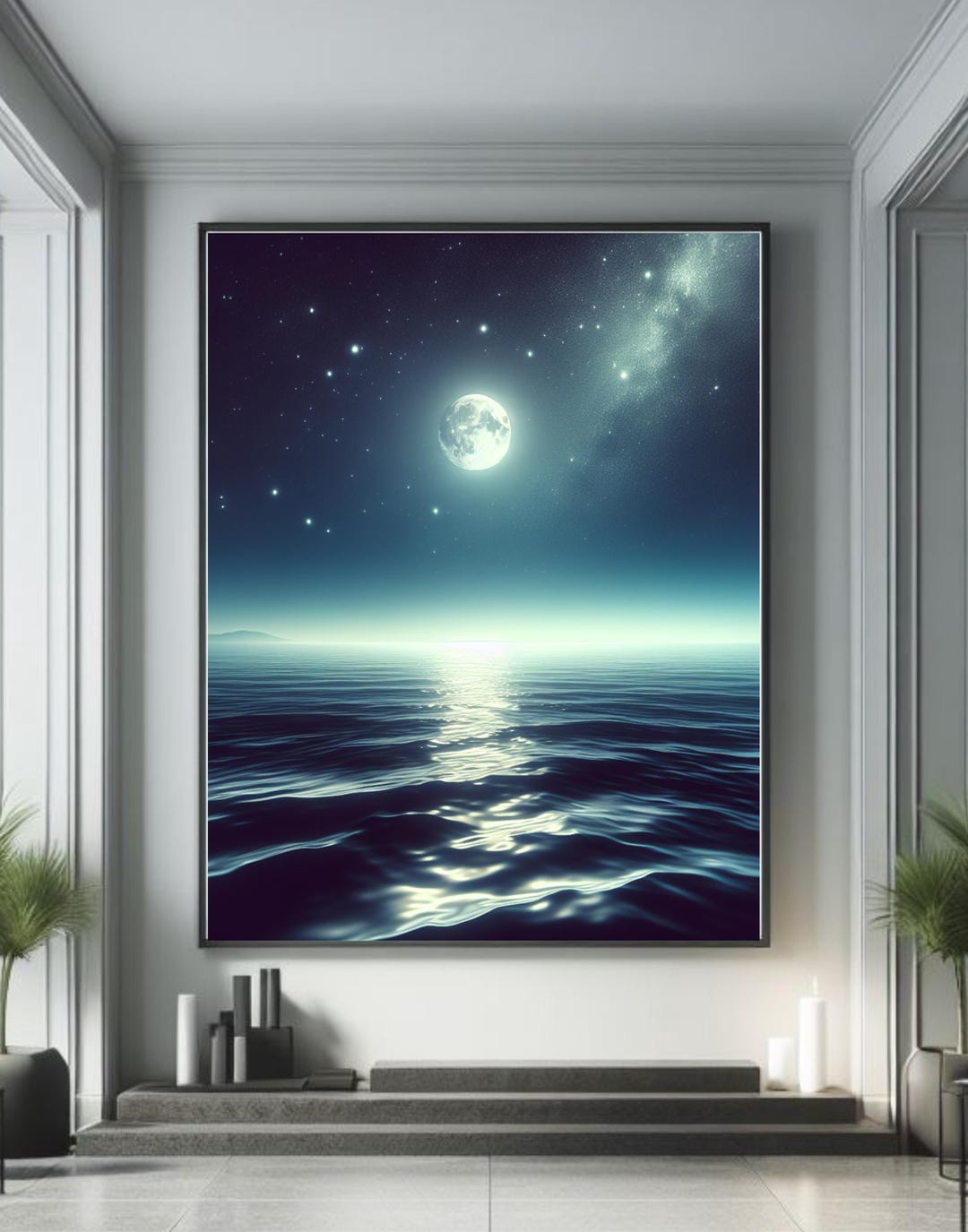 Full Moon Ocean Scene Print, Night Sky Seascape Poster, Coastal Wall ...