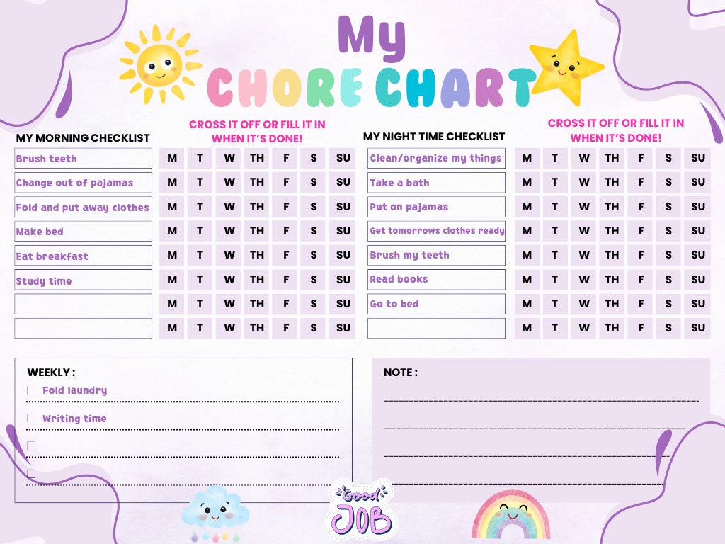 Kids Chore Chart Morning & Night Checklists Weekly Tracker Digital ...