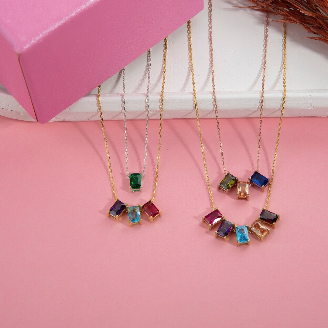 14K Gold Emerald Cut Birthstone Necklace, Personalized Gifts for Mom ...
