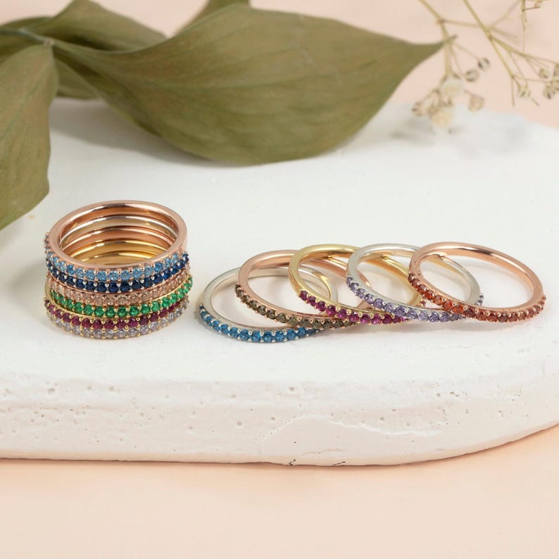 Custom Birthstone Stacking Ring: 14K Gold Half Eternity Band - Etsy