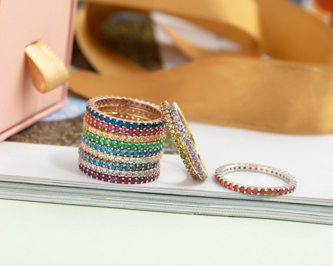 Silver Full Eternity Stacking Birthstone Rings, 14K Gold Infinity ...