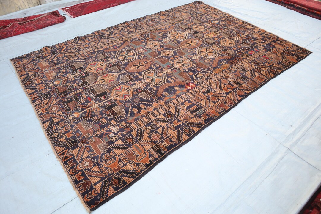 10x7 Ft Large Antique Pictorial Rug Turkmen Handmade Wool Rug Afghan ...
