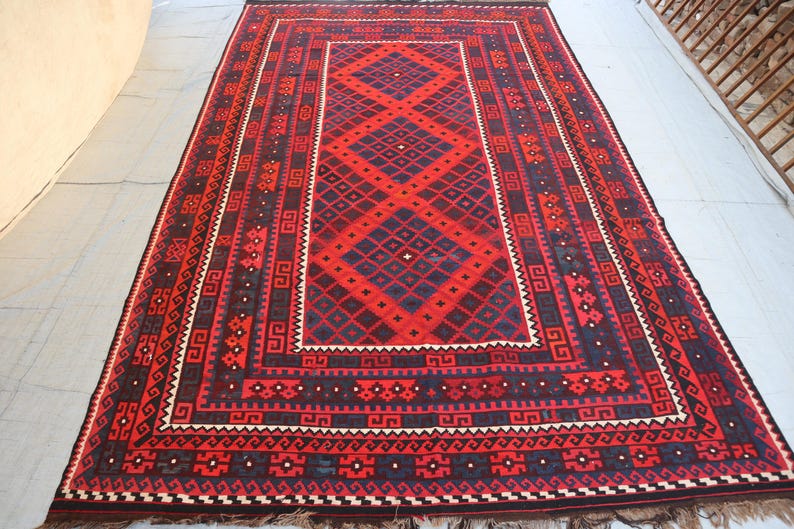 Red Orange Kilim Area Rug 8x13 Ft Afghan Handmade Flatweave Rug Large ...