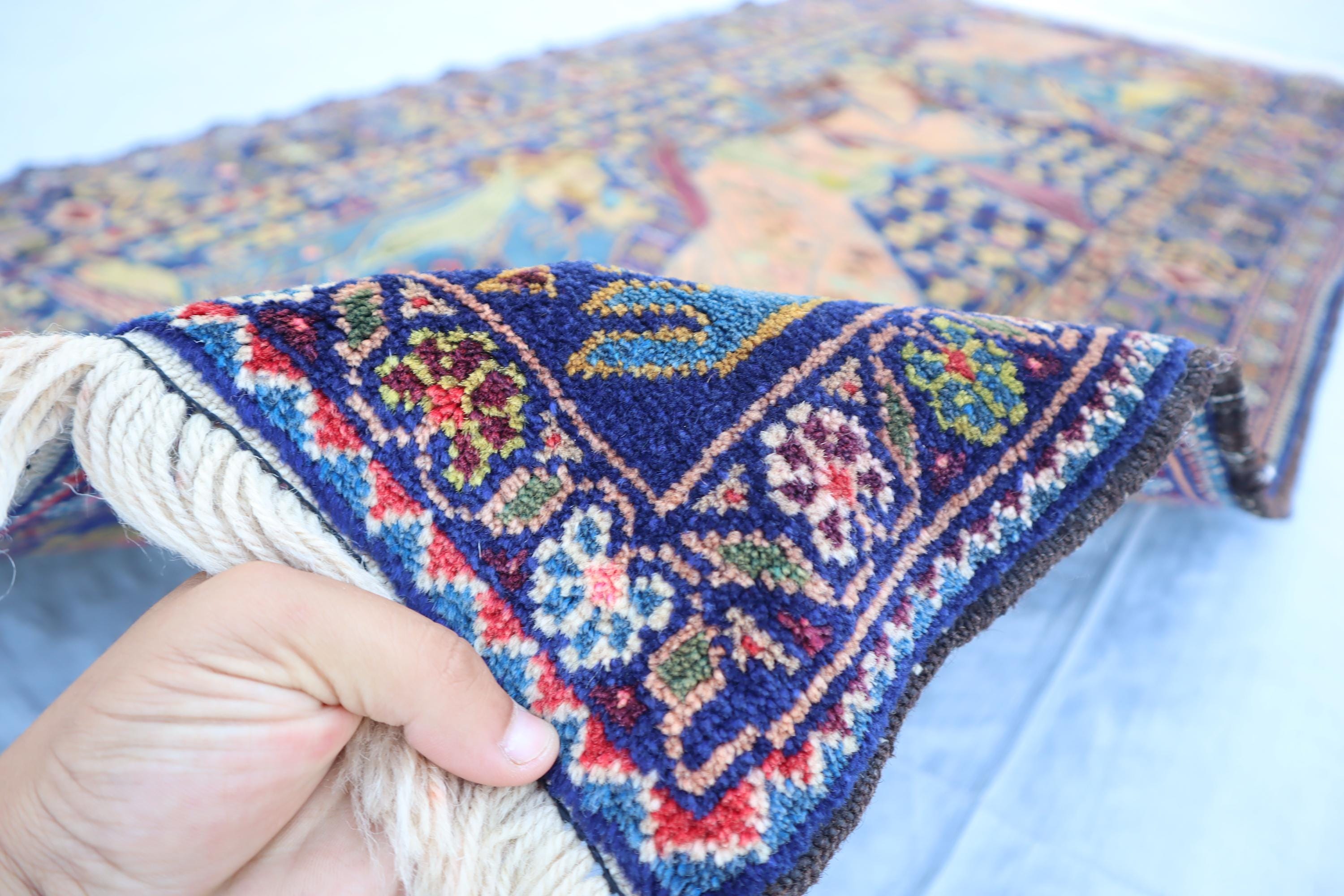 3'5x7'0 Ft, One of a Kind Antique Pictorial Rug, Navy Blue Beige Afghan ...