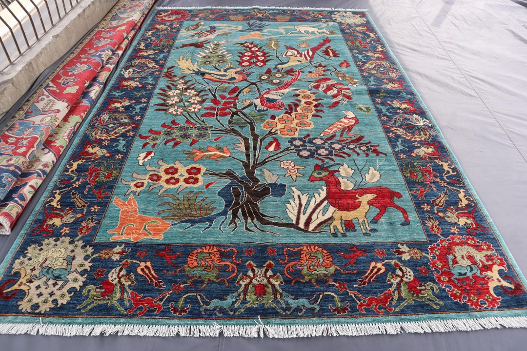 7x10 Blue Beige Tree of Life Rug- Natural Wool Animal Print Rug ...