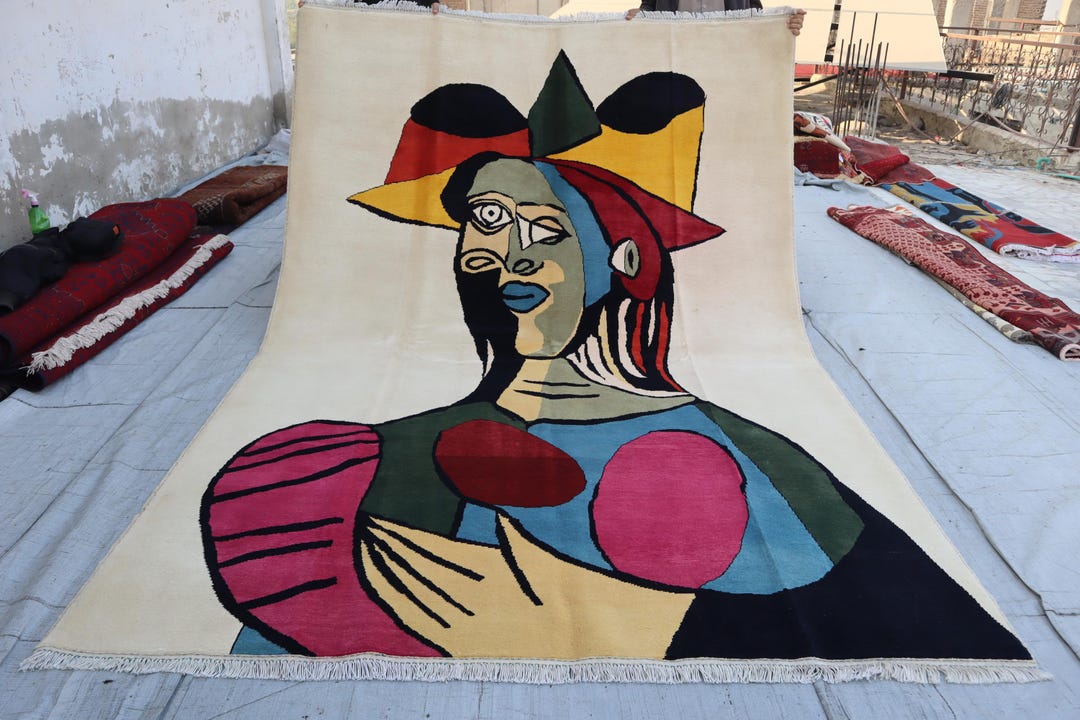 Vintage Pictorial Modern Art Rug 6'8x9'5 Ft Afghan Handmade Picasso Art ...