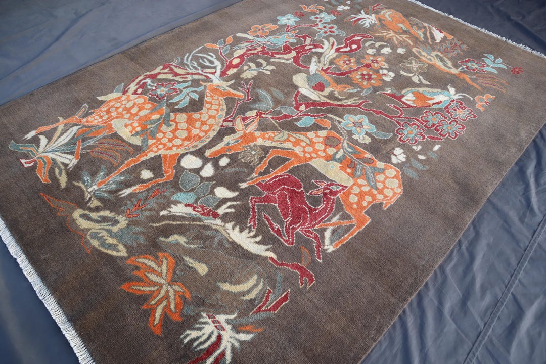 Taupe Gray Modern Pictorial Rug 5'8x7'10 Ft Large Handmade Pictorial ...