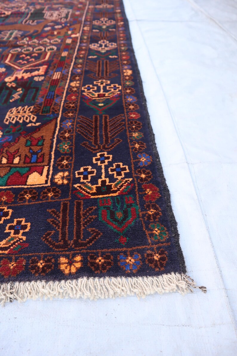 Semi Antique Pictorial Rug 3'8x6'8 Afghan Navy Blue Tree of Life Baluch ...