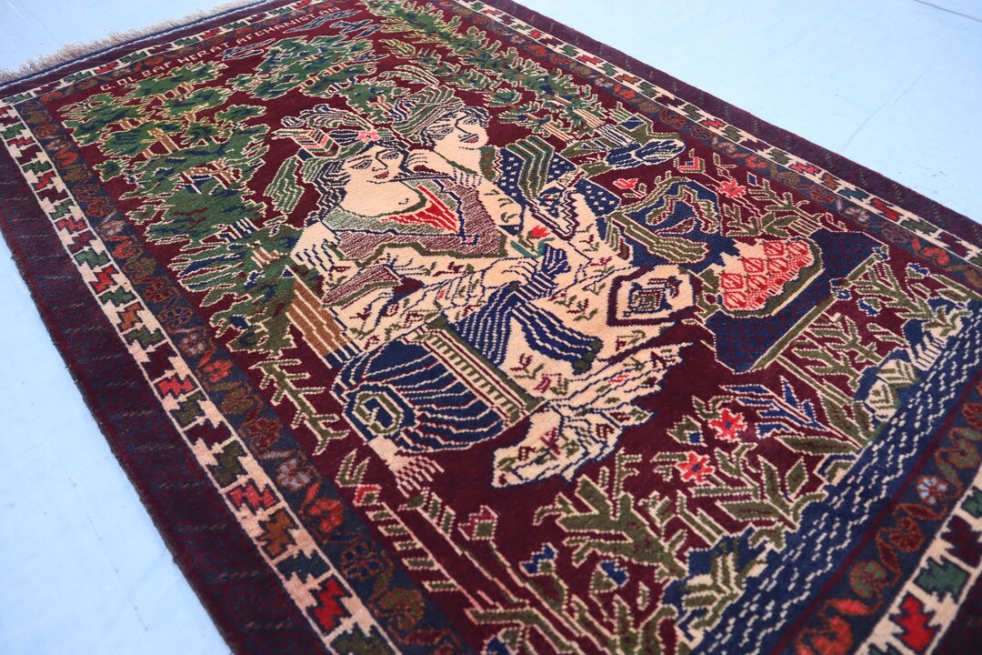 Collectible Rug 3x5 Antique Pictorial Rug, Red Beihe Afghan Handmade ...