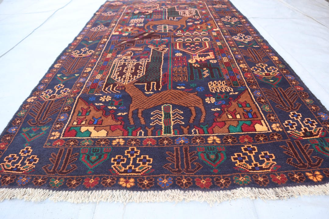 Semi Antique Pictorial Rug 3'8x6'8 Afghan Navy Blue Tree of Life Baluch ...