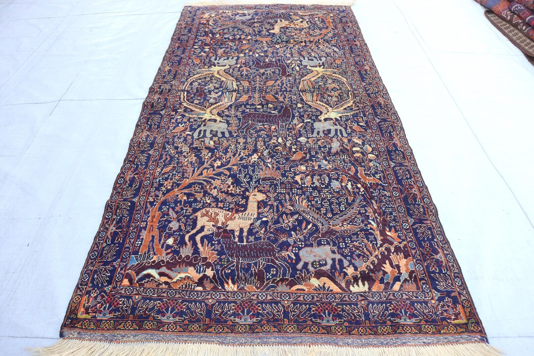 Navy Blue 4x8 Vintage Nomadic Art Pictorial Animal Birds Rug, Handmade ...