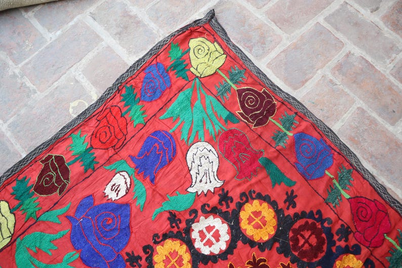 Antique Handmade Uzbek Suzani Fabric, 5'5x6'7 Ft Rusty Red Blue Yellow ...