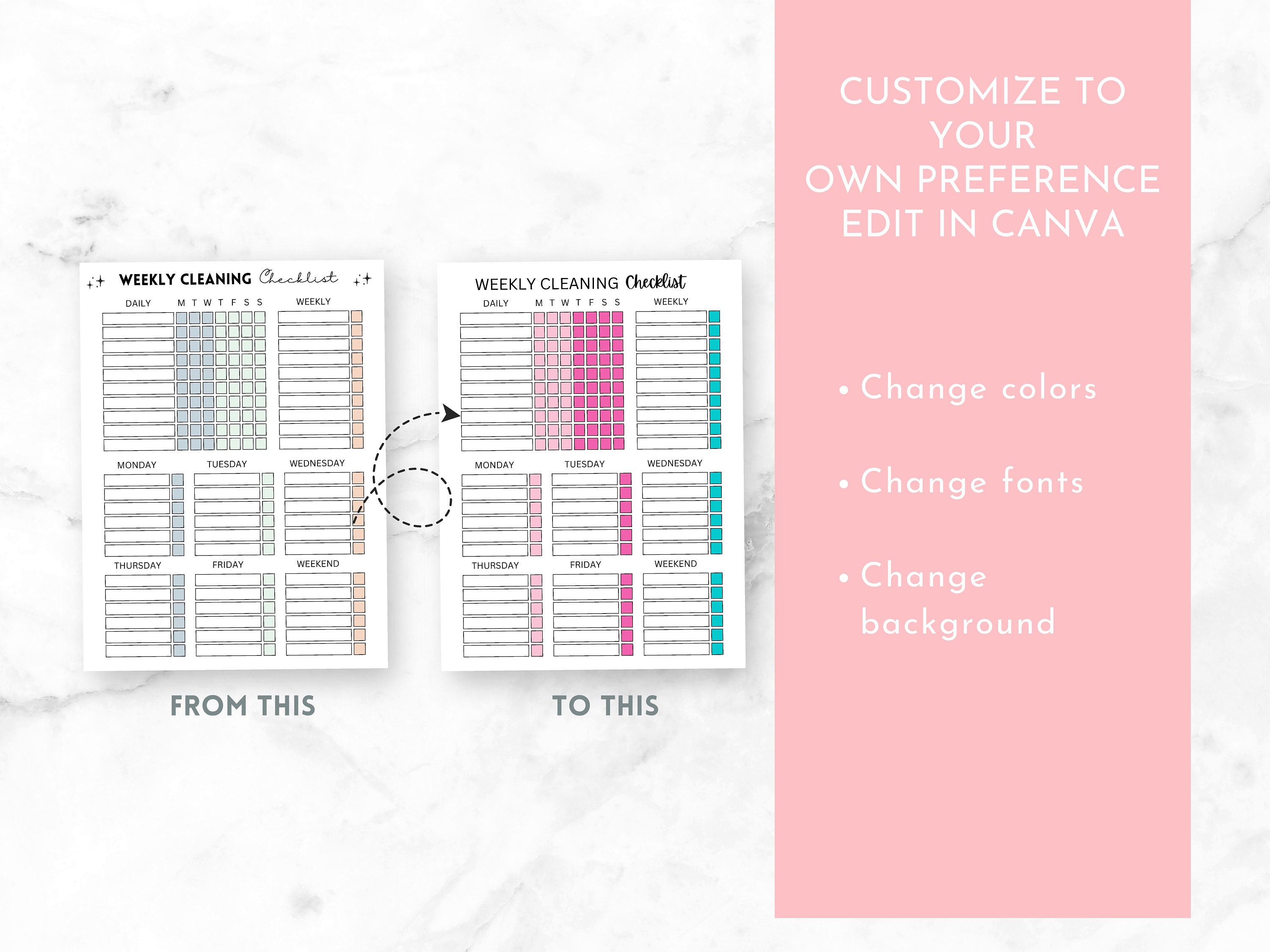 Weekly Cleaning Checklist Editable, Printable Cleaning Plan, Cleaning ...