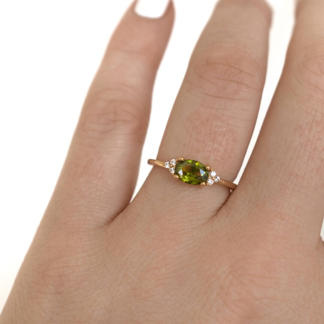 Olive Green Ring 14K Gold Filled Oval Triple CZ Solitaire Birthstone ...