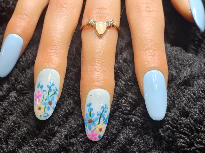 Blue, Floral, Spring Press on Nails: Hand Painted Reusable False Nails ...