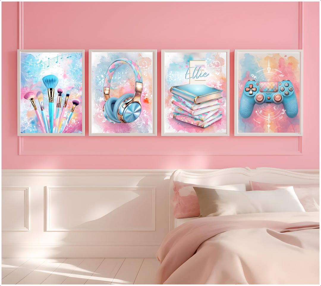 Personalized Gamer Girl Wall Art, Printable Preppy Wall Art Set, Pastel ...
