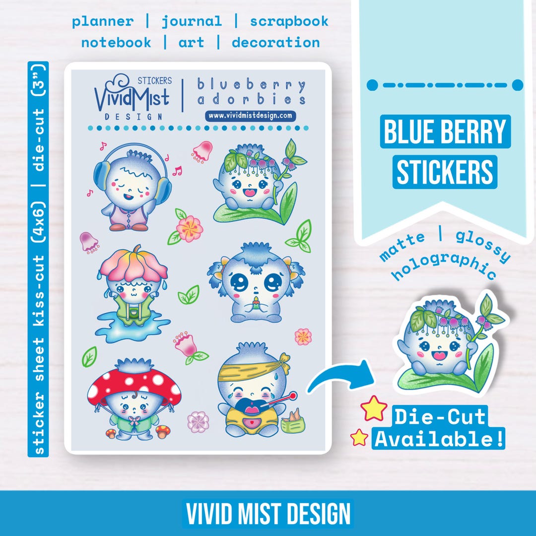 Kawaii Blueberry Sticker Sheet & Cute Fruit Stickers – Holo, Glossy ...