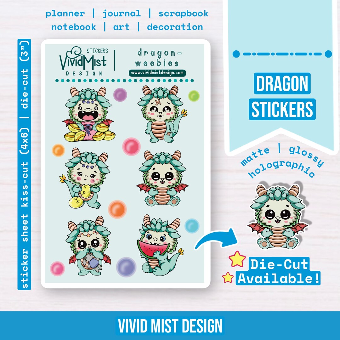 Green Fantasy Dragon and Adorable Baby Dragon Sticker Sheet ...