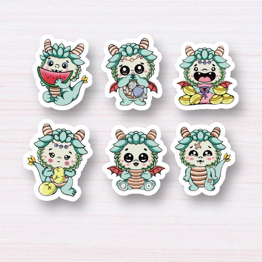 Cute Dragon Die-cut Sticker Set of 6 Adorable Kawaii Dragons With ...