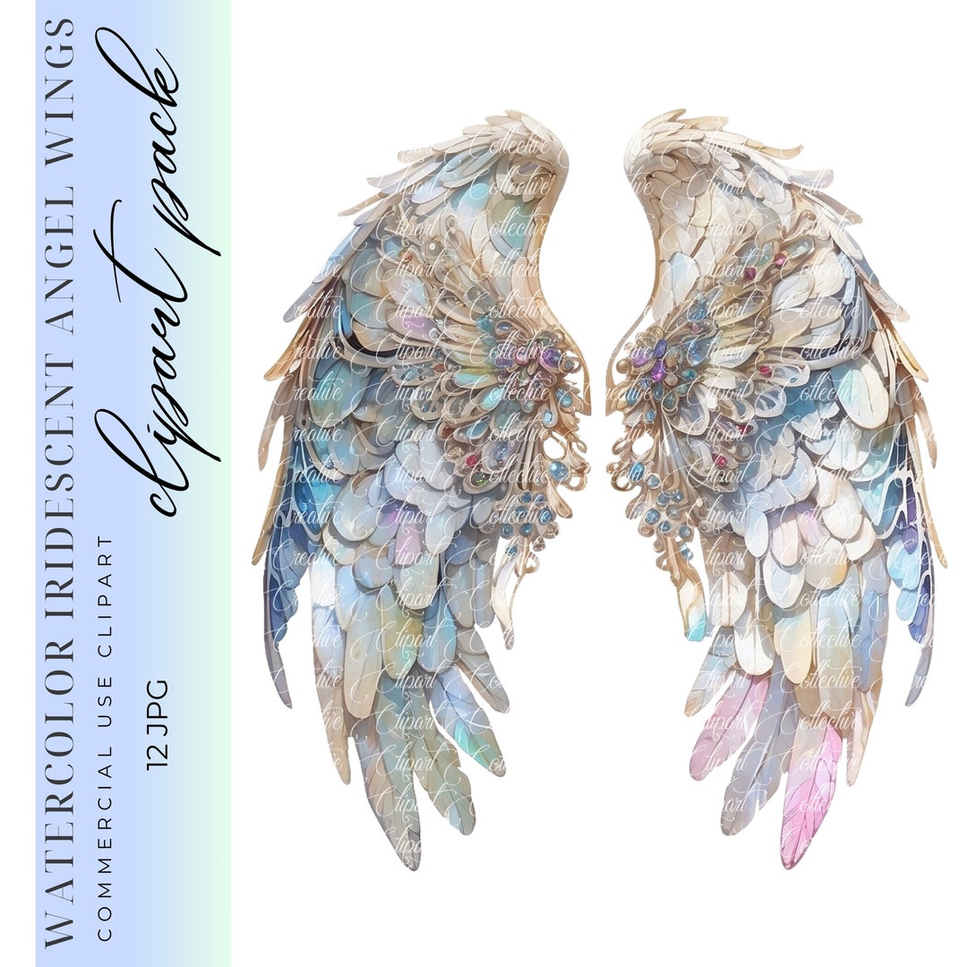 12 Angel Wings, Iridescent Angel Wings Clipart, Watercolor Angel Wings ...