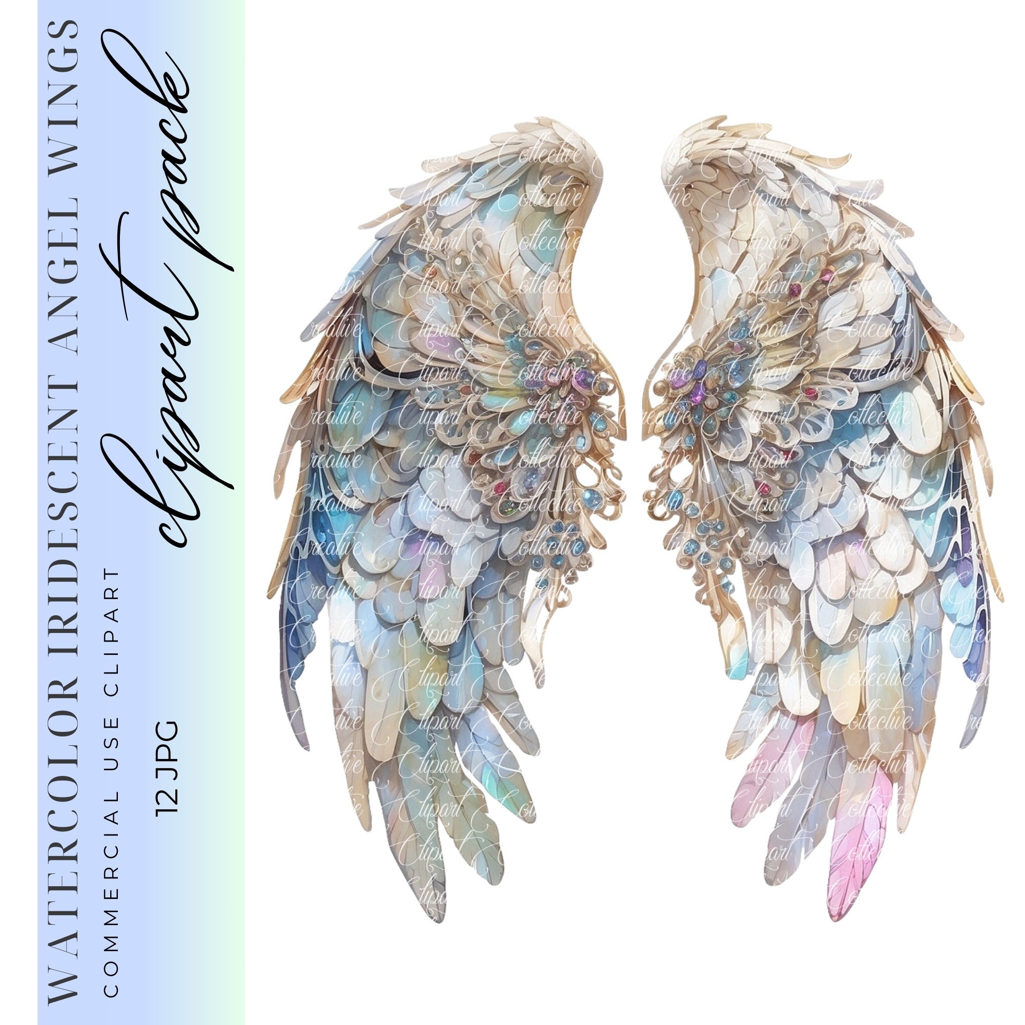 12 Angel Wings, Iridescent Angel Wings Clipart, Watercolor Angel Wings ...