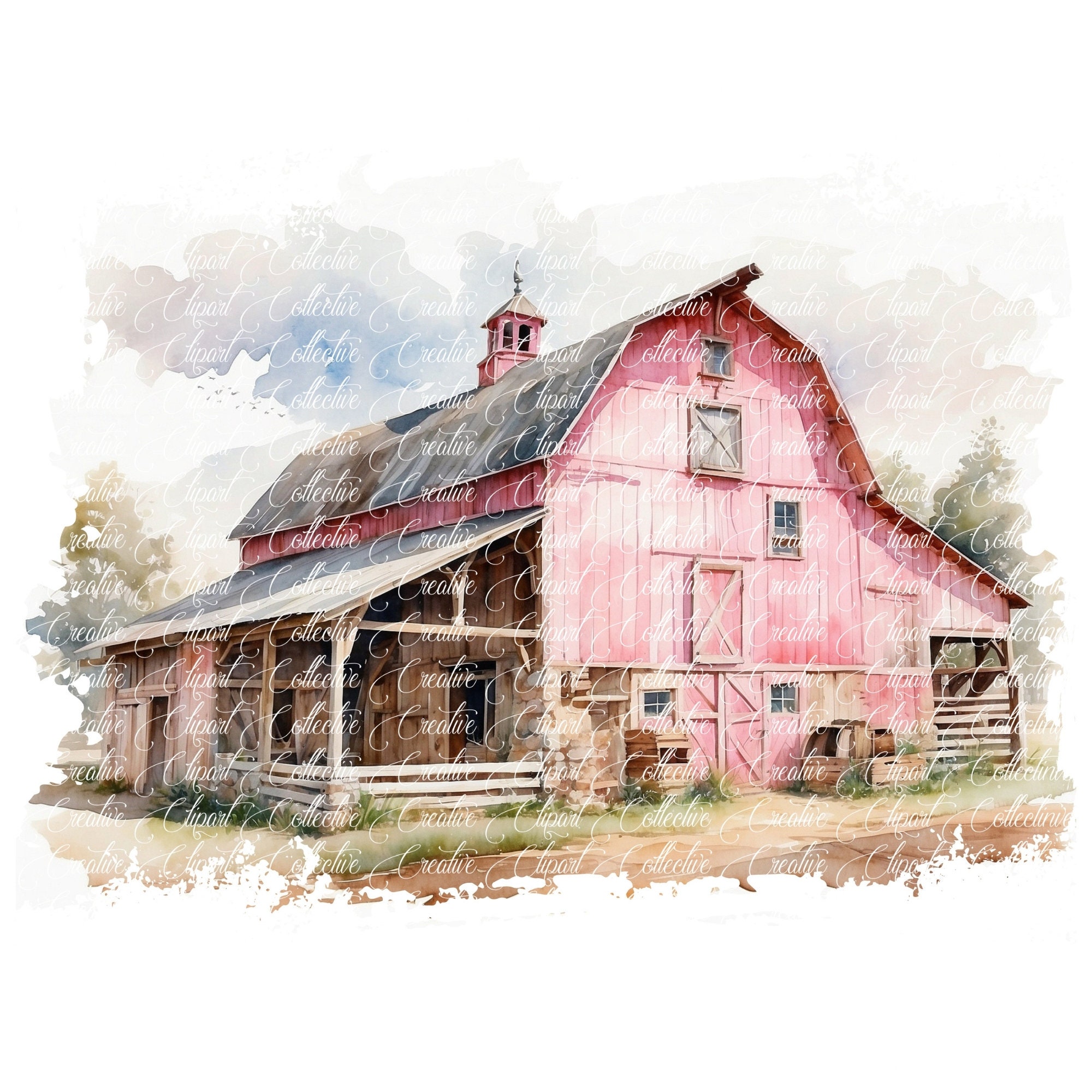 12 Watercolor Pink Barn Clipart, Wooden Barn Clipart, Printable ...