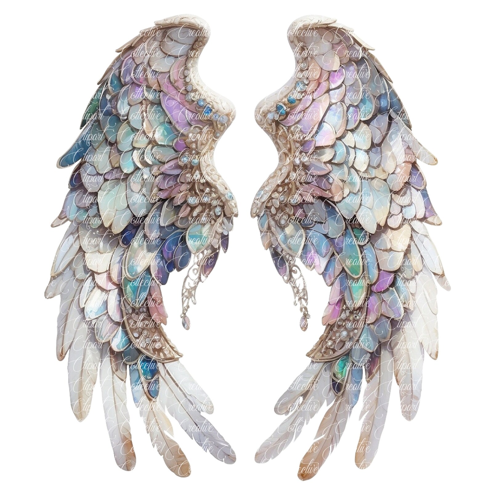 12 Angel Wings, Iridescent Angel Wings Clipart, Watercolor Angel Wings ...