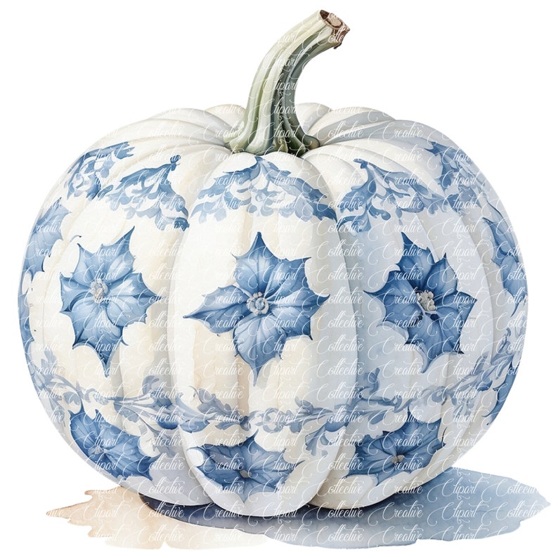 12 Vintage White Blue Floral Pumpkin Watercolor Clipart, Junk Journal ...