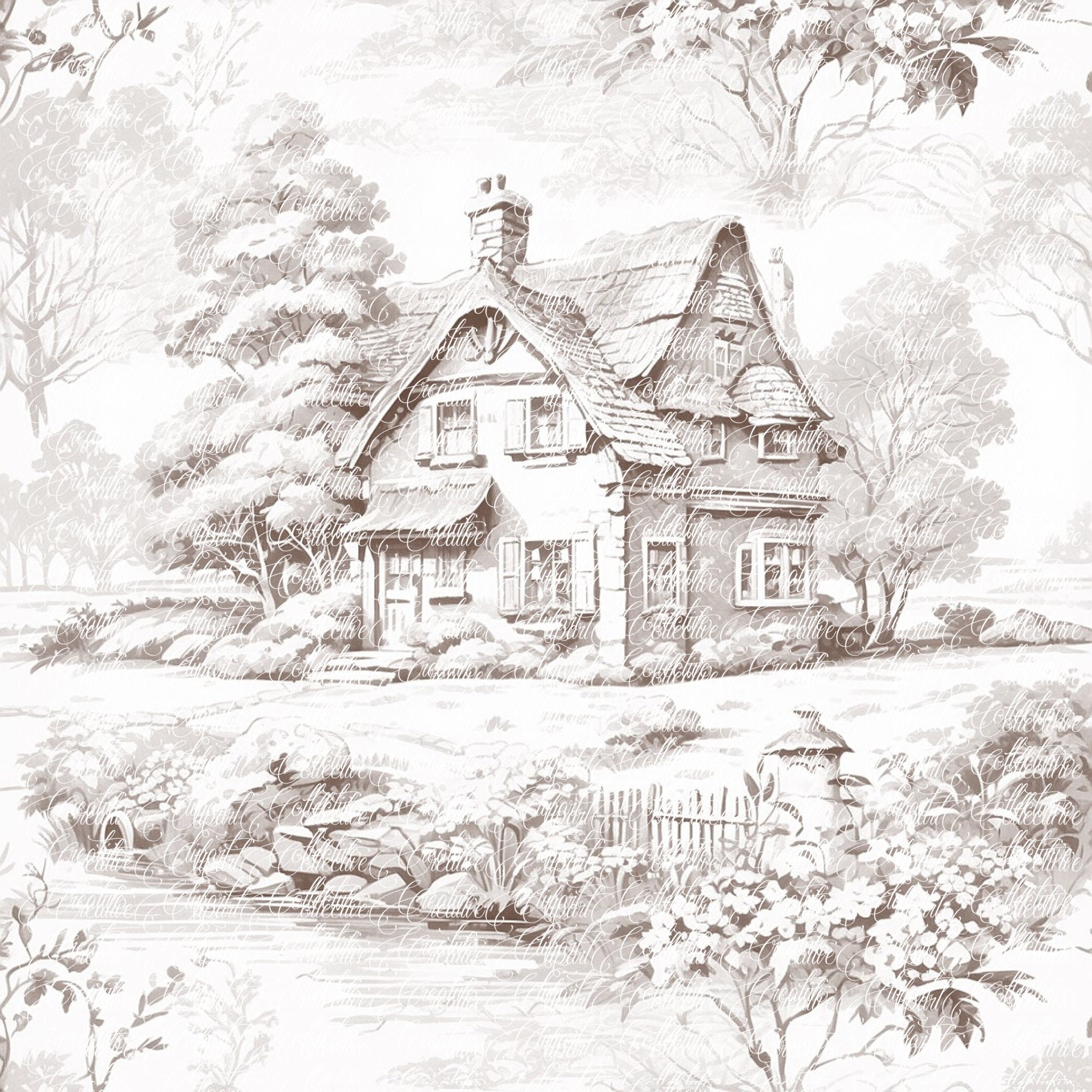 12 French Brown Parisian Countryside Toile Watercolor Clipart, Junk ...