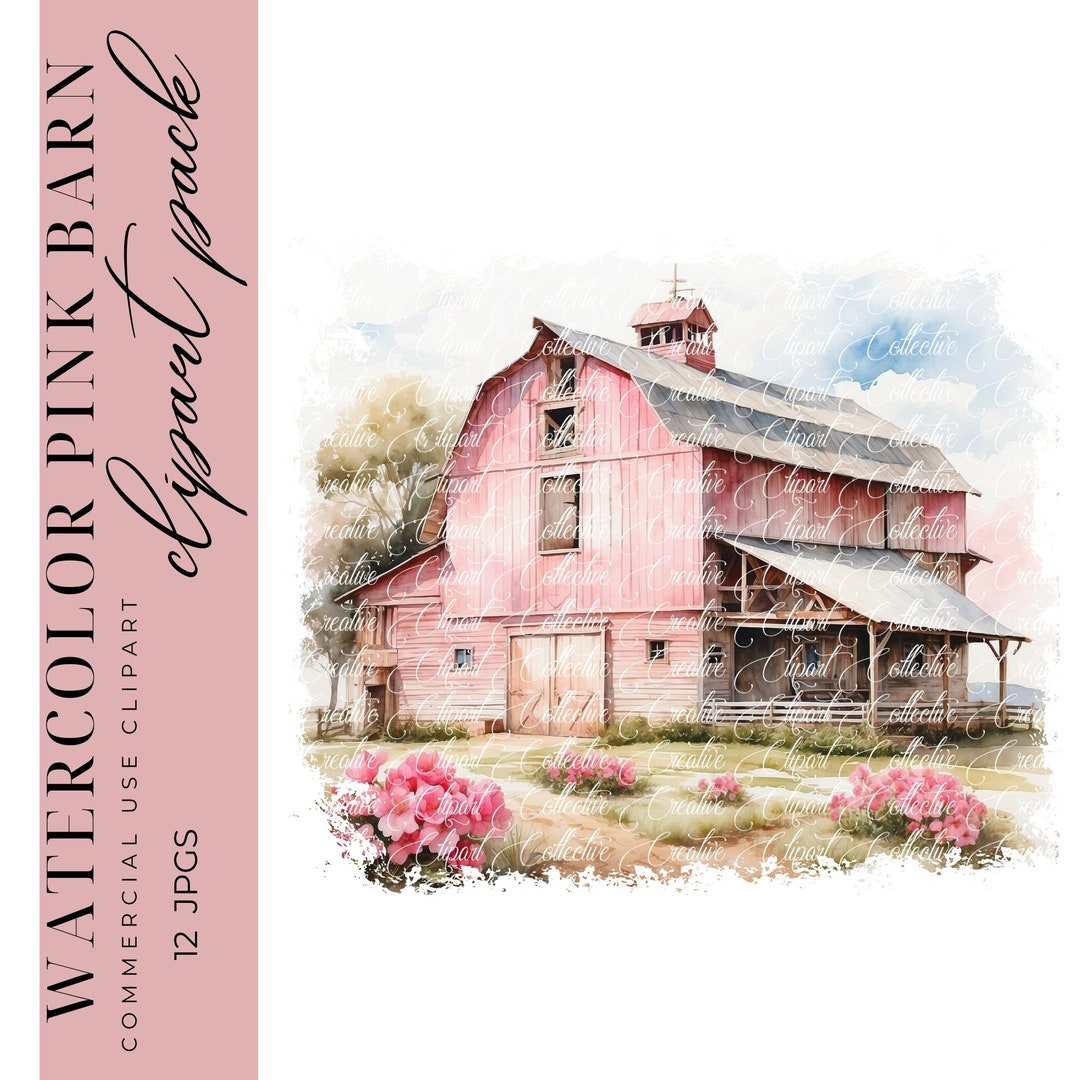 12 Watercolor Pink Barn Clipart, Wooden Barn Clipart, Printable ...