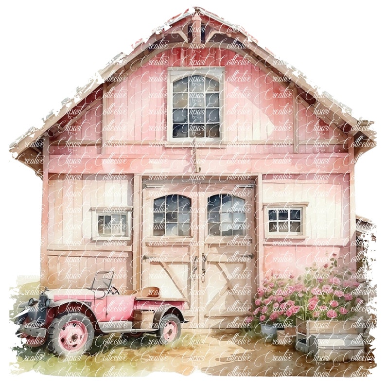 12 Watercolor Pink Barn Clipart, Wooden Barn Clipart, Printable ...