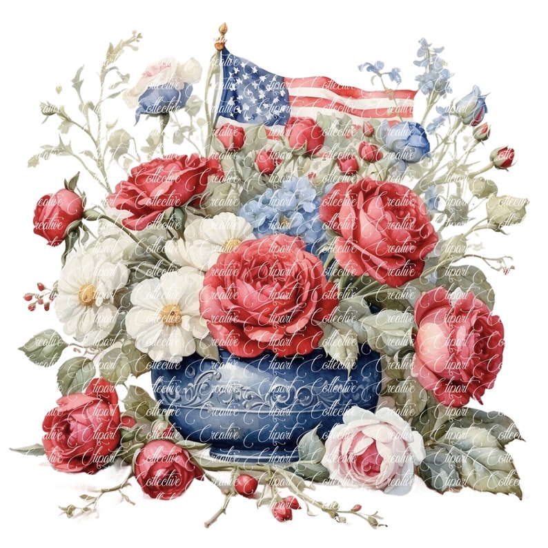 12 Fourth of July Flag and Flowers Clipart, Watercolor Patriotic Art ...