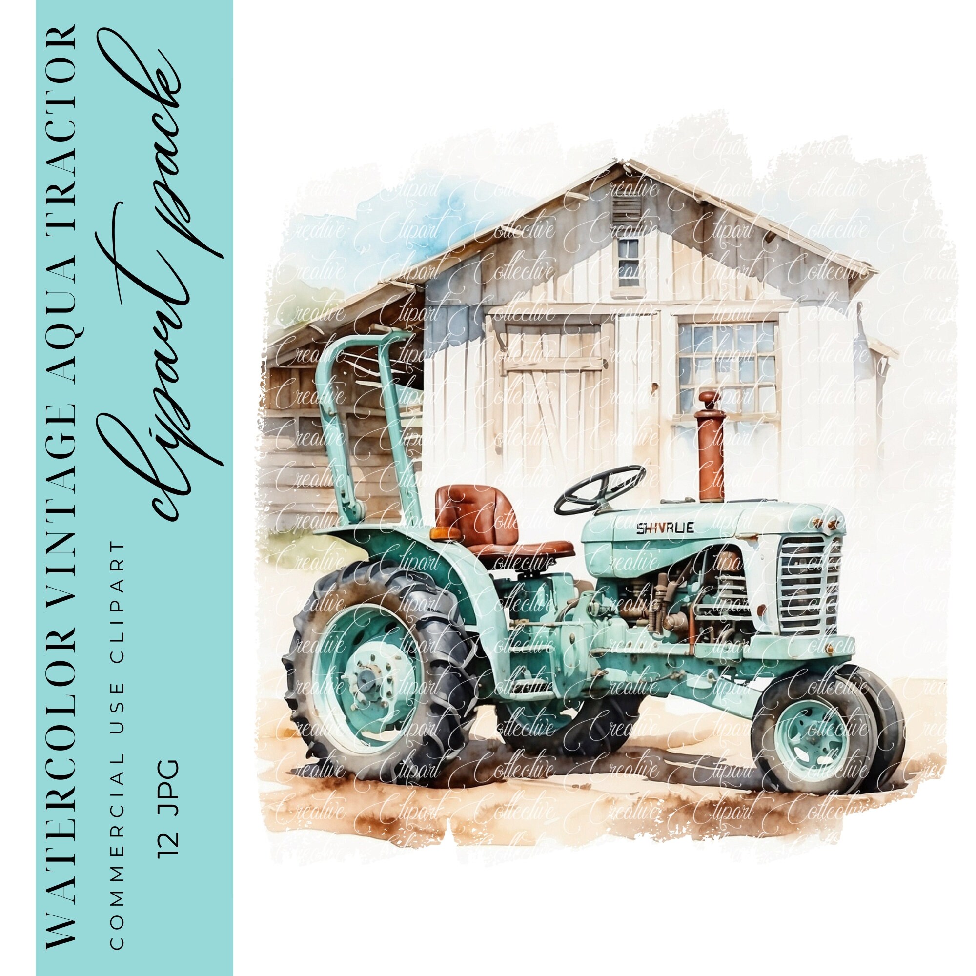 12 Aqua Tractor Clipart, Vintage Tractor Clipart, Watercolor Farm ...
